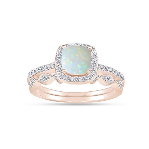 Cushion Cut Lab Created Opal And 0.25 Cttw White Natural Diamond Frame Art Deco Bridal Set Engagement Ring In 10k Solid Rose Gold Ring Size-7