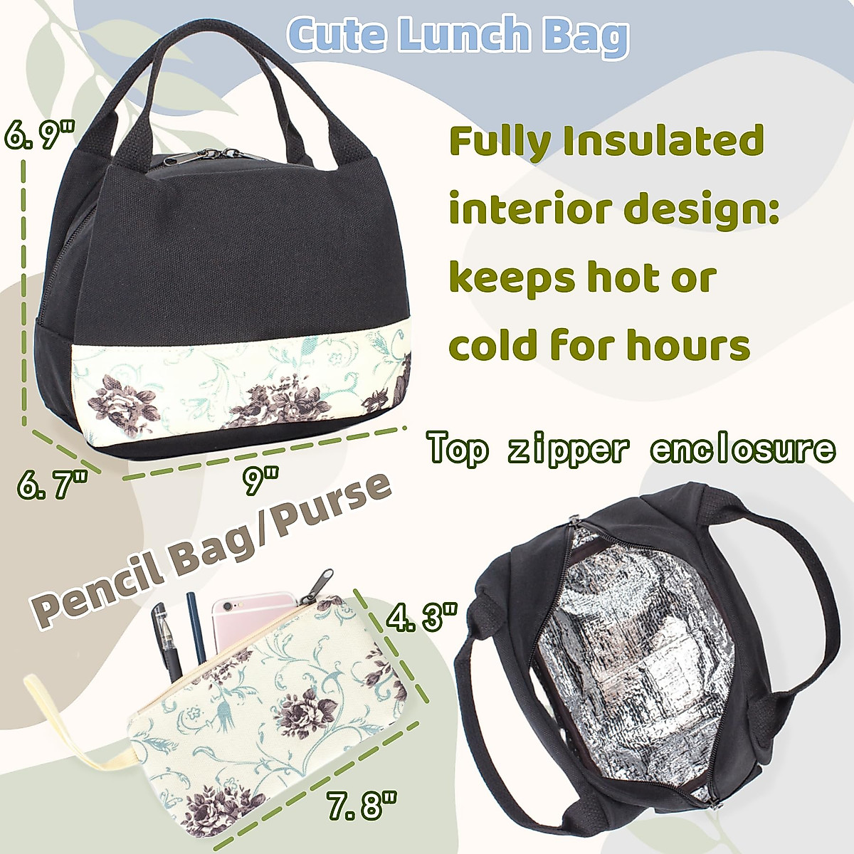 Leaper Floral Canvas Backpack Laptop Bag Daypack Lunch Bag Purse 3 in 1 Black