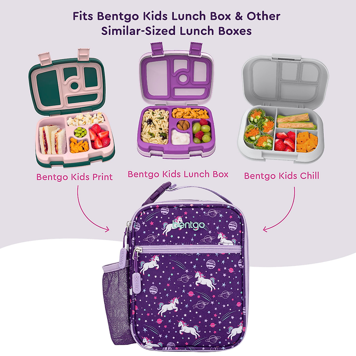 Bentgo Kids Insulated Lunch Tote - Water-Resistant, Reusable, Lightweight & Durable Lunch Bag with Water Bottle Holder & Mesh Pocket, Fits Lunch Box & Water Bottle - Ideal for Ages 3+ (Unicorn)