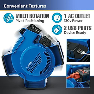 Lasko X-Blower 6 Position High Velocity Pivoting Utility Blower Fan for Cooling, Ventilating, Exhausting and Drying, 3 Speeds, AC Outlet, Circuit Breaker with Reset, USB Port, 11", Blue, X12905