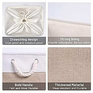 HOdo Home Fabric Storage Bin with Drawstring Closure and 2 Bold Handles, Collapsible Large Canvas Storage Baskets for Organizing Shelf Nursery Home (White and Yellow, 15.8L×11.8W×9.5H - 4Pack)