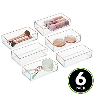 mDesign Plastic Beauty Organizer Bin for Bathroom Drawers, Vanity, or Countertops, Storage for Makeup Brushes, Palettes, Blush, Concealers, or Hair Ties, Lumiere Collection, 6 Pack, Clear/Rose Gold