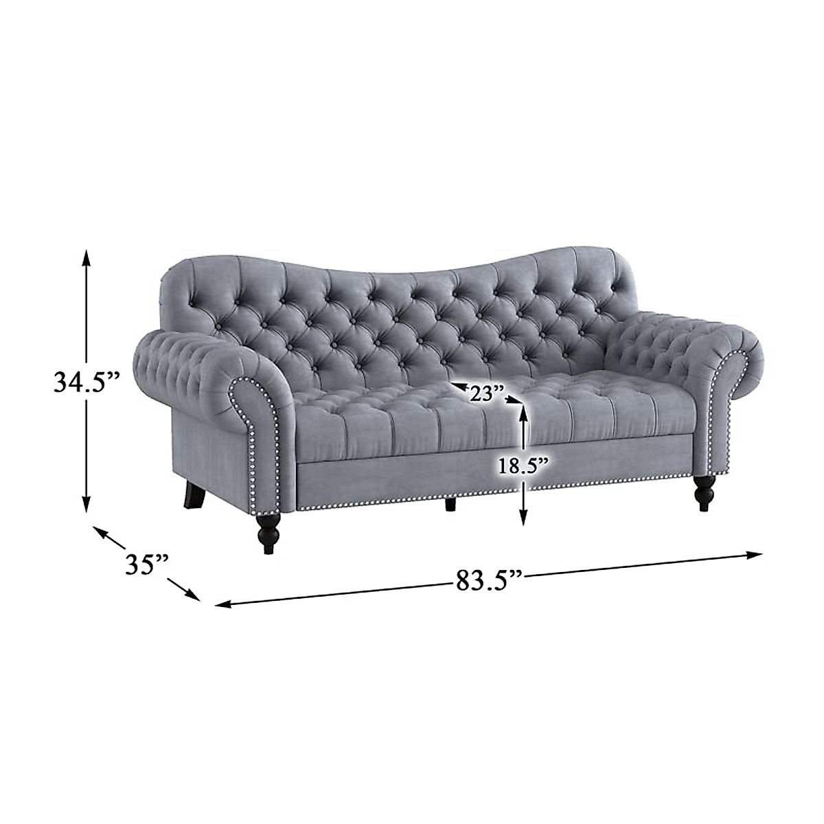 Pemberly Row 84" Velvet Roll Arm Sofa with Tufted Nailhead Upholstery, 3 Seater Fabric Couch Furniture for Home Living Room, Dark Gray