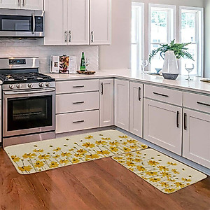 GEEORY Kitchen Mats for Floor Set of 2,Yellow Flowers Floor Mat Farmhouse Seasonal Holiday Decor for Home Kitchen - 17x29 and 17x47 Inch
