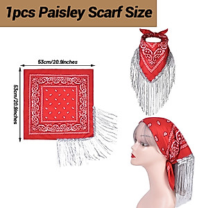 Cowboy Hat with Fringed Bandana Set for Women Wide Brim Western Cowgirl Hat Paisley Head Wrap Scarf (Red)