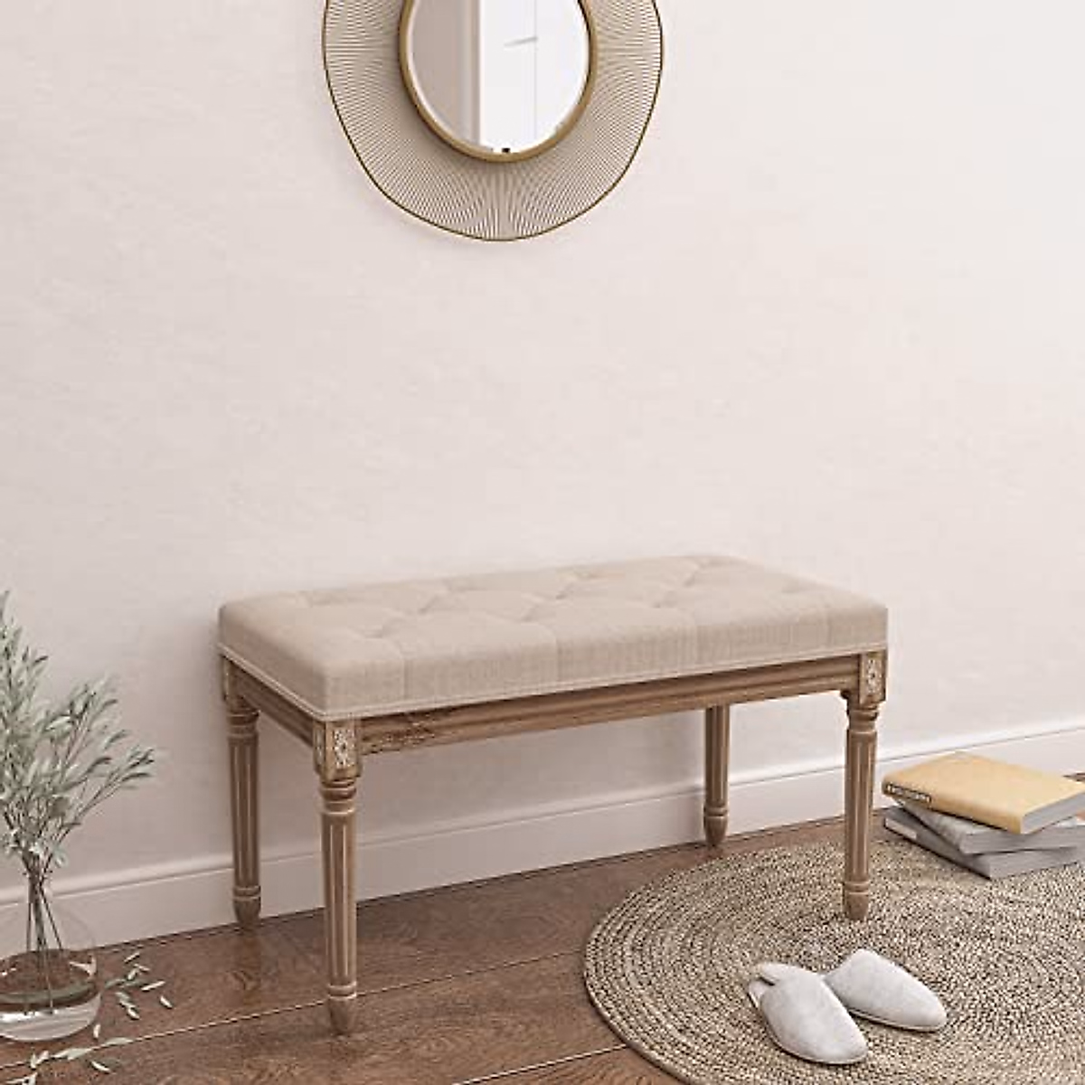 Yusong Upholstered Bench,Bedroom Bench for End of Bed,Piano Bench Dining Bench Entryway Shoe Bench with Button Tufted Padded Seat for Living Room, Vanity Bench Foot-Stool with Carved Wood Legs,Beige