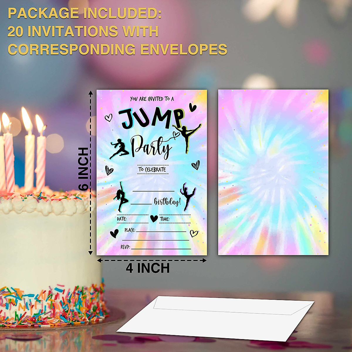 YQV Bounce House Jumping Party Birthday Invitations, 20-Count Invitations With Envelopes, Tie Dye Style Tampoline Birthday Party Decorations And Supplies-HBYQK-A02