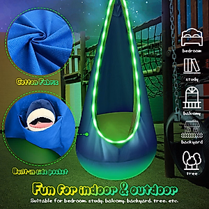 LFSMVT Light Up Kids Pod Swing Seat, Upgraded Kids Hanging Hammock Swing with LED Lights, Cotton Sensory Pod Swing Chair with Inflatable Pillow, Pod Swing for Kids Indoor & Outdoor (1 PCS) (Blue)