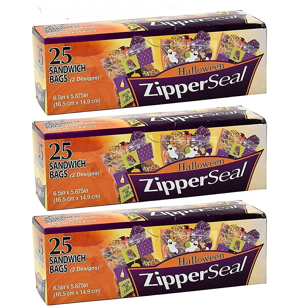 Set of 75 Halloween Zipper Seal Sandwich Bags - Assorted Halloween Fun Designs - Great for Treats