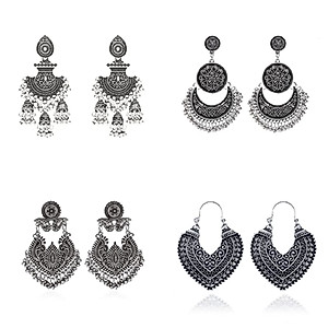 4 Pair Traditional Vintage Retro Antique Silver Gold Boho Bohemian Jewelry Ethnic Tribal Gypsy Engraved Hook Drop Dangle Jhumka Bells Tassel Earrings for Women -Style 1