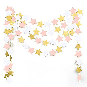MOWO Paper Garland Twinkle Star Pink Gold Glitter and White 3'' Circle Decoration 2pc 20 feet in Total