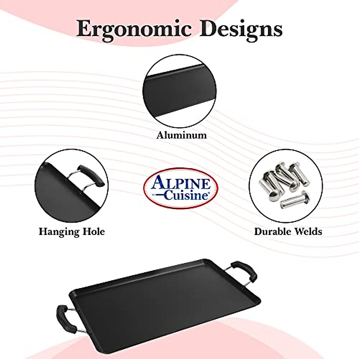 Alpine Cuisine Aluminum Griddle Pan 19x11in | Nonstick Coating & Heat Resistant | Gas Stove Griddle for Cookware with Double Handle - Ideal for BBQ & Serving Pancakes, Hand Wash - Gray