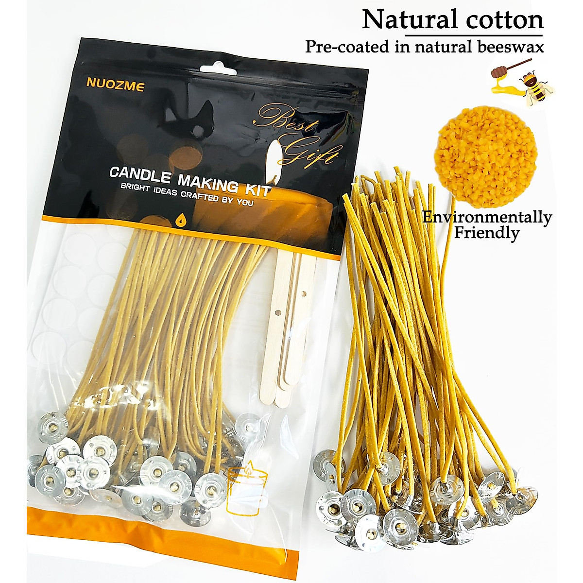Nuozme 50 Pcs 6" Natural Candle Wicks,Pre-Waxed by 100% Beeswax & Tabbed with 60Pcs Candle Wick Stickers and 5 Pcs Wooden Candle Wick Centering Device, for Candle Making，Candle DIY