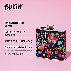 Blush Black Floral Embroidered Flask - Pocket Leather Flask Purse for Women, Whiskey Drinking Flasks, Small Thin Metal Stainless Steel Flasks for Liquor for Women, Wine Accessories - 6 oz, Black