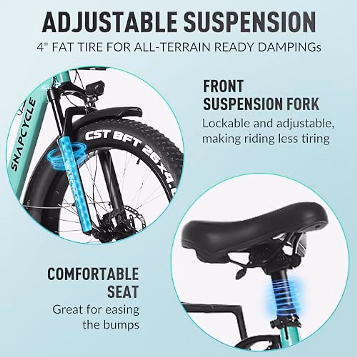 Snapcycle Electric Bike for Adults,1000W Peak Motor 28MPH with 26" x 4.0 Fat Tire Step-Thru Ebike,48V 15AH Removable Battery, Hydraulic Brake, Shock Absorber, Commuter Ebikes,7-Speed Gear, UL