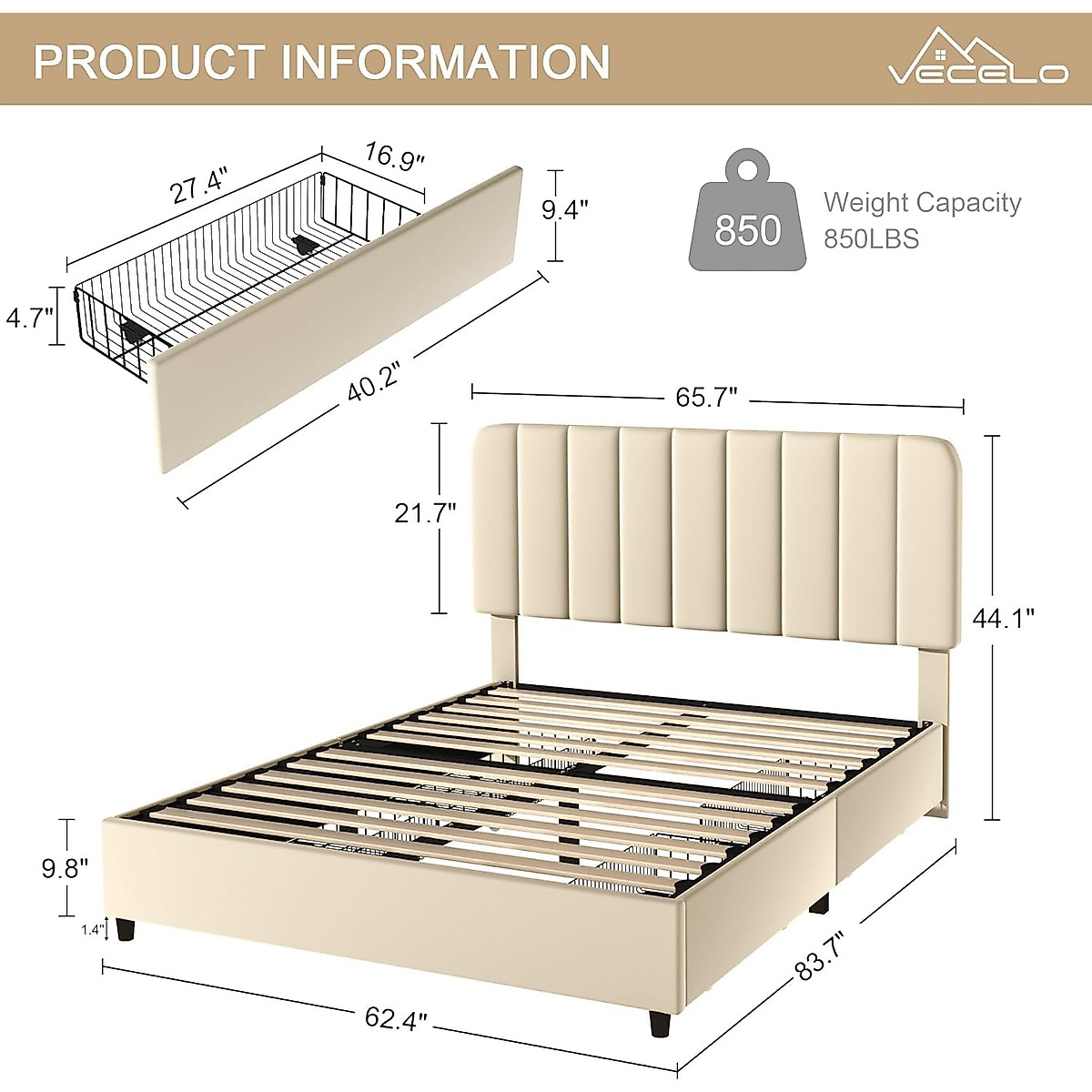 VECELO Queen Size Upholstered Bed Frame with 4 Drawers and Adjustable Headboard, Velvet Platform Storage Bedframe Mattress Foundation, Wooden Slats Support, No Box Spring Needed, Beige