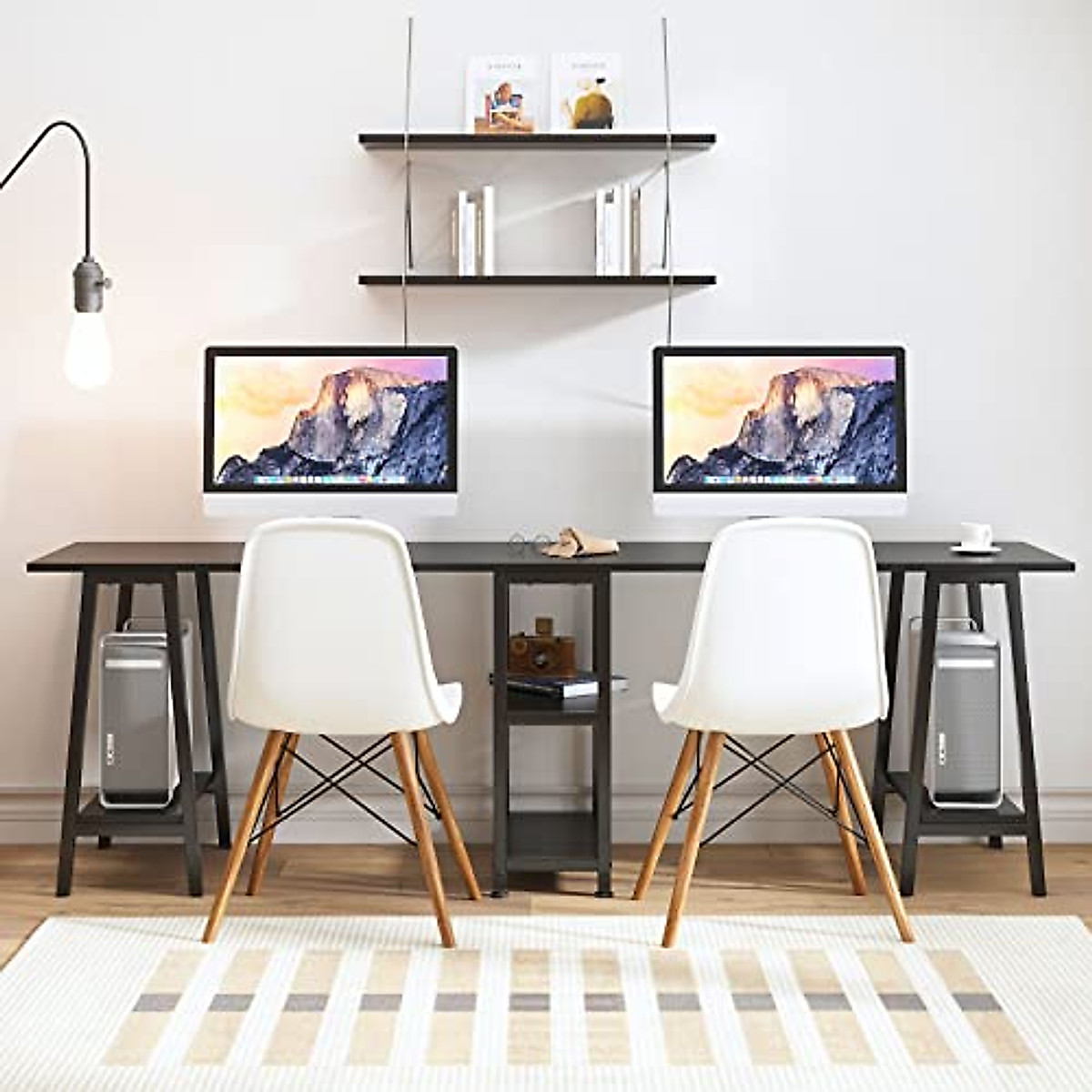 SogesHome 94.5’’ Two Person Desk, Double Computer Desk with Storage 2-Tier Shelf, Extra Long Large Gaming Desk, Office Study Writing Desk Workstation-94.5L’’x23.6W’’x29.5H’’(Black)