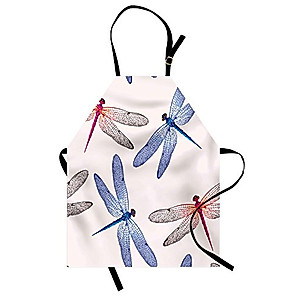 Ambesonne Dragonfly Apron, Dragonfly Forms High Detailed Ornate Irregular Macro Retro Simplistic Print, Unisex Kitchen Bib with Adjustable Neck for Cooking Gardening, Adult Size, Pink Blue