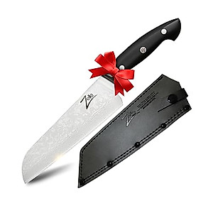 Zelite Infinity 7 Inch Santoku Knife - Japanese Chef Knife with Deep 53mm Blade; Japanese AUS-10 Super Steel 45-Layer Damascus Kitchen Knife with Tsunami Rose Damascus Pattern - Luxurious Gift Box