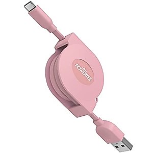 LIQUIPEL Powertek USB Type C Cable, Retractable, Fast Charge, Compact, 3ft, Pastel Colors (Pink)