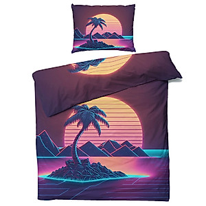zcwl Vaporwave Duvet Cover Twin Size | Neon Sunset Palm Tree Bedding Set | 2 Piece | Soft Microfiber Patterned Comforter Cover with Zipper Ties & 1 Pillowcase | Vaporwave Bedroom & Room Decor