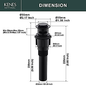 KENES Bathroom Sink Drain Stopper Pop up Sink Drain with Overflow, Matte Black Pop Up Drain Stopper Anti Clog Pop Up Drain Stopper for Vanity Vessel Sink