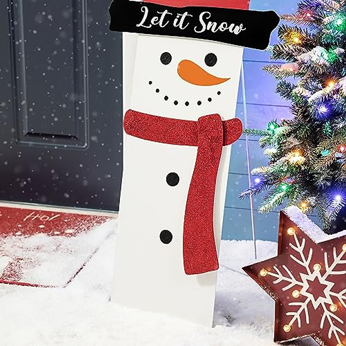 Glitzhome Metal Glittered Christmas Snowman Porch Décor Let It Snow Hanging Sign/Standing Porch Sign Merry Christmas Welcome Sign Holiday Party Outdoor Indoor Xmas Wall Display, 36”H