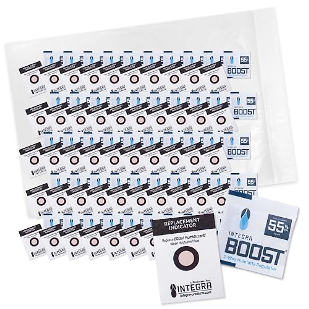 Integra Boost - 55% RH Level - 2 Gram Size - Two-Way Humidity Control Pack - Includes Humidity Indicator Cards - Humidity Balancer Packet For Packaged Foods & Herbs Storage, Protects 1/4 Oz, (50 pcs)