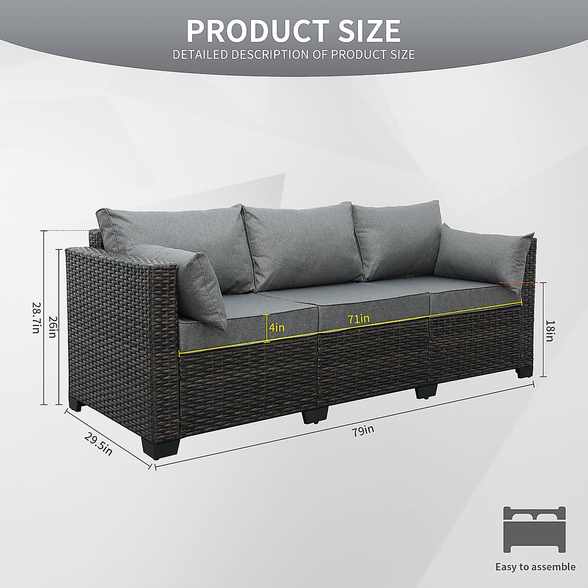 3-Seat Patio PE Wicker Couch Furniture Outdoor Brown Rattan Sofa with Washable Cushions(Grey)