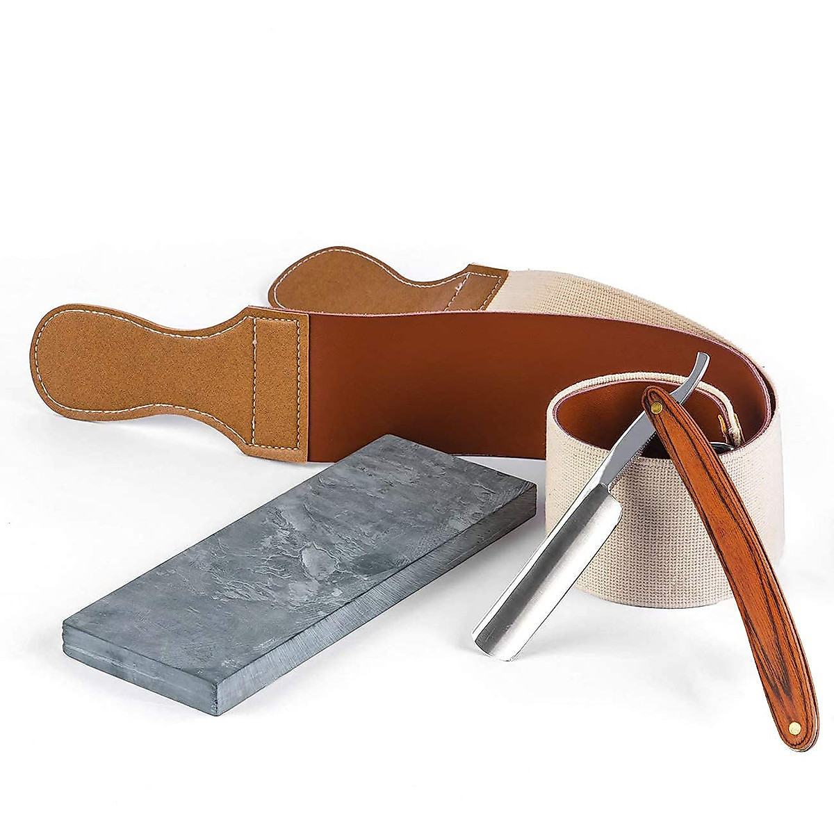 Grandslam Straight Razor Shave Ready Handmade Sharpened, 420 Steel Straight Razor Blade, 2 Layers Long Leather Canvas Strop, Sharpening Stone,2 Side Grit 3000 Waterstone Knife Sharpener