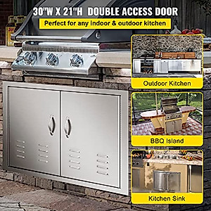 Mophorn Outdoor Kitchen Doors, 30W x 21H Inch, 304 Stainless Steel Double Doors with Vents, BBQ Access Door with 2 Detachable Handles and 6 Hooks, for BBQ Island