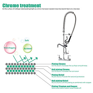 CWM Commercial Sink Faucet with Sprayer-43 Inch Commercial Kitchen Faucet 8 Inches Center Wall Mount Pre Rinse Faucet with 12 Inches Add on Spout