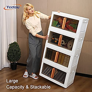 Storage Bins with Lids - 5 Packs Collapsible Storage Bins with Wheels 20 Gal Stackable Plastic Storage Bin Organizer with Double Doors & Secure Buckle, X-Large Storage Containers for Home Organizing Clothes, Clear Tan Color Door(80 Quart/20 Gal)