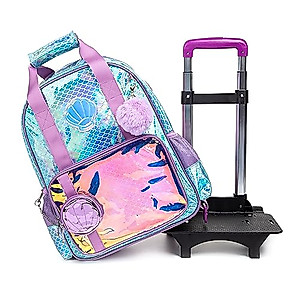 Meetbelify Girls Rolling Backpack with Wheels Kids Mermaid Luggage Travel Suitcase for Girls Elementary Student 6-8 Years Old