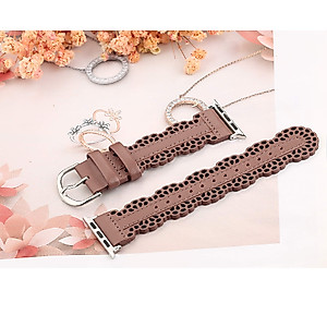 Secbolt Leather Bands Compatible with Apple Watch Band 38mm 40mm 41mm iWatch SE Series 9 8 7 6 5 4 3 2 1, Breathable Chic Lace Leather Strap for Women, Brown