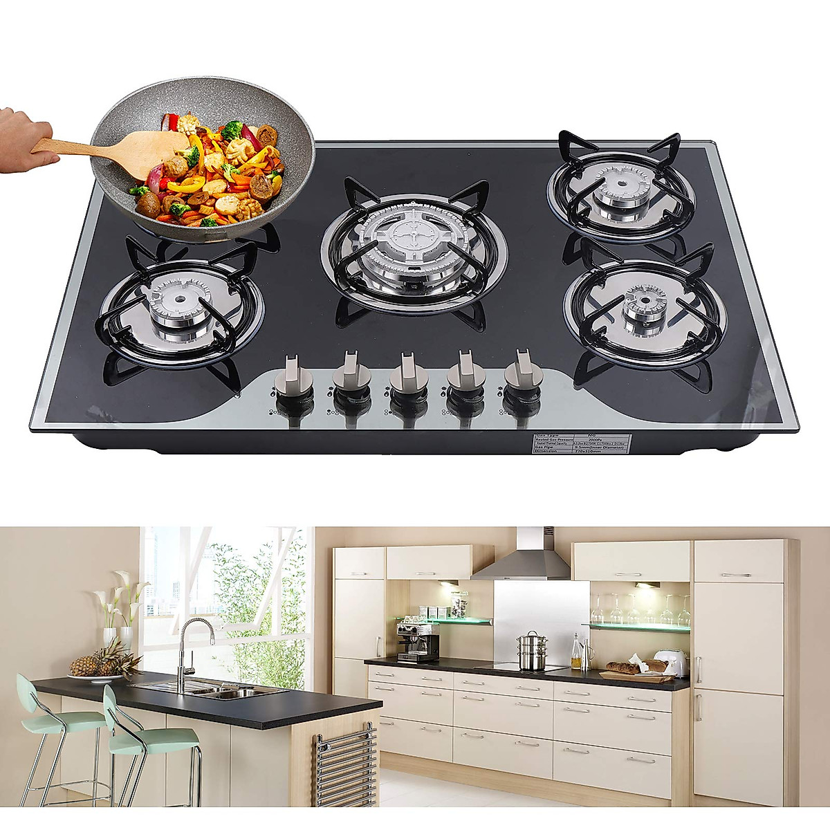 SNKOURIN 5 Burner Gas Stove Gas Cooktop 30 Inch,Stainless Steel Built-in Gas Stove with Independent Switch Control,NG/LPG Convertible Gas Cooktop,Thermocouple Protection