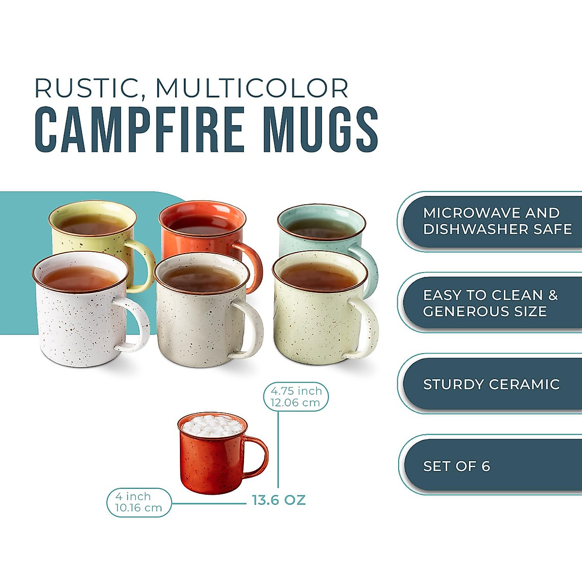 Speckled Campfire Style Mugs - Set of 6-14 oz - Cozy Colors -Coffee Cups - Camping Coffee Mugs - Ceramic | Enamel - Use for Tea/Hot Drinks
