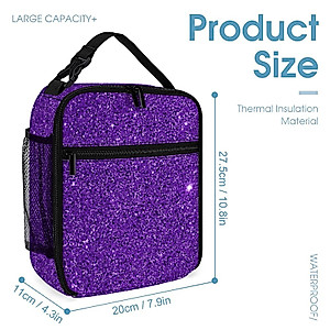Insulated Lunch Bag Purple Glitter School Lunch Box for 6+ Years Old Boys Girls Bling Thermal Reusable Work Lunch Cooler for Men Women Office