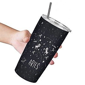 BEOIIBIRD Aries Zodiac Tumbler Gifts, 20oz Glaze Stainless Steel with Lid and Straw Water Bottles Insulated Coffee Mug, Beverage Cup for Teen Women Men in Home Office Car Travel