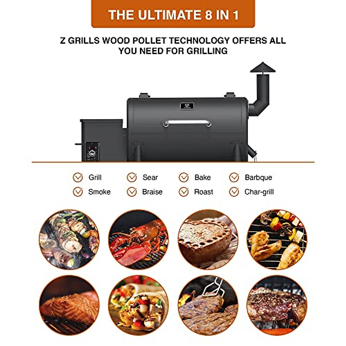 Z GRILLS ZPG-550B 2022 Upgrade Wood Pellet Grill & Smoker 8 in 1 BBQ Auto Temperature Control, Cooking Area, 550 sq in Black