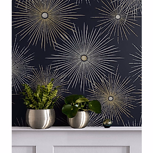 NextWall Starburst Geo Mid Century Peel and Stick Wallpaper (Midnight Blue & Metallic Gold)