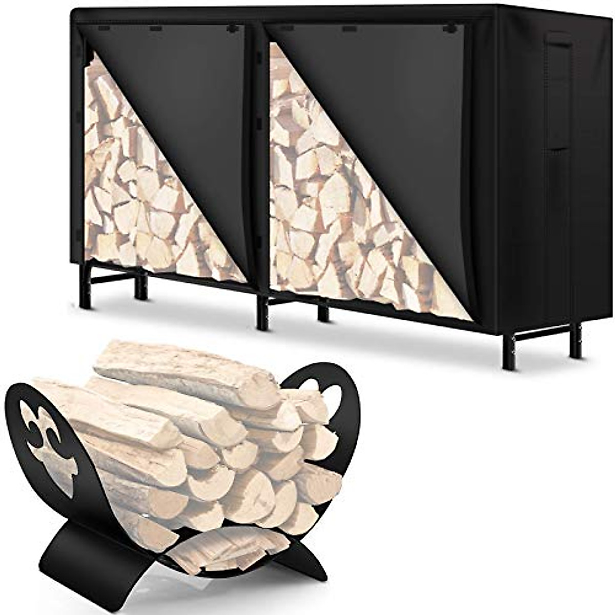 Amagabeli 8ft Firewood Log Rack Cover Bundle Firewood Rack Indoor Carrier Metal