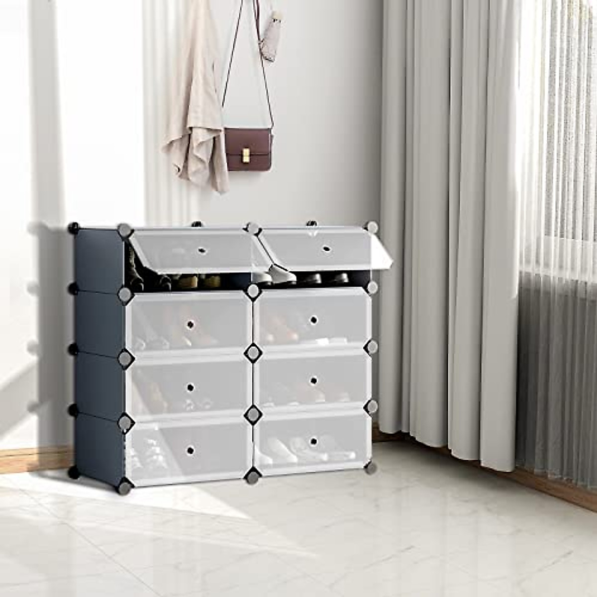 UNZIPE Shoe Rack Cabinet, 8-Tier Shoe Storage Organizer for Entryway, 16 Pairs Plastic Shoe Shelves with Door DIY Freestanding Shoes Tower with Covered for Closet Bedroom Hallway Garage, Dark Grey