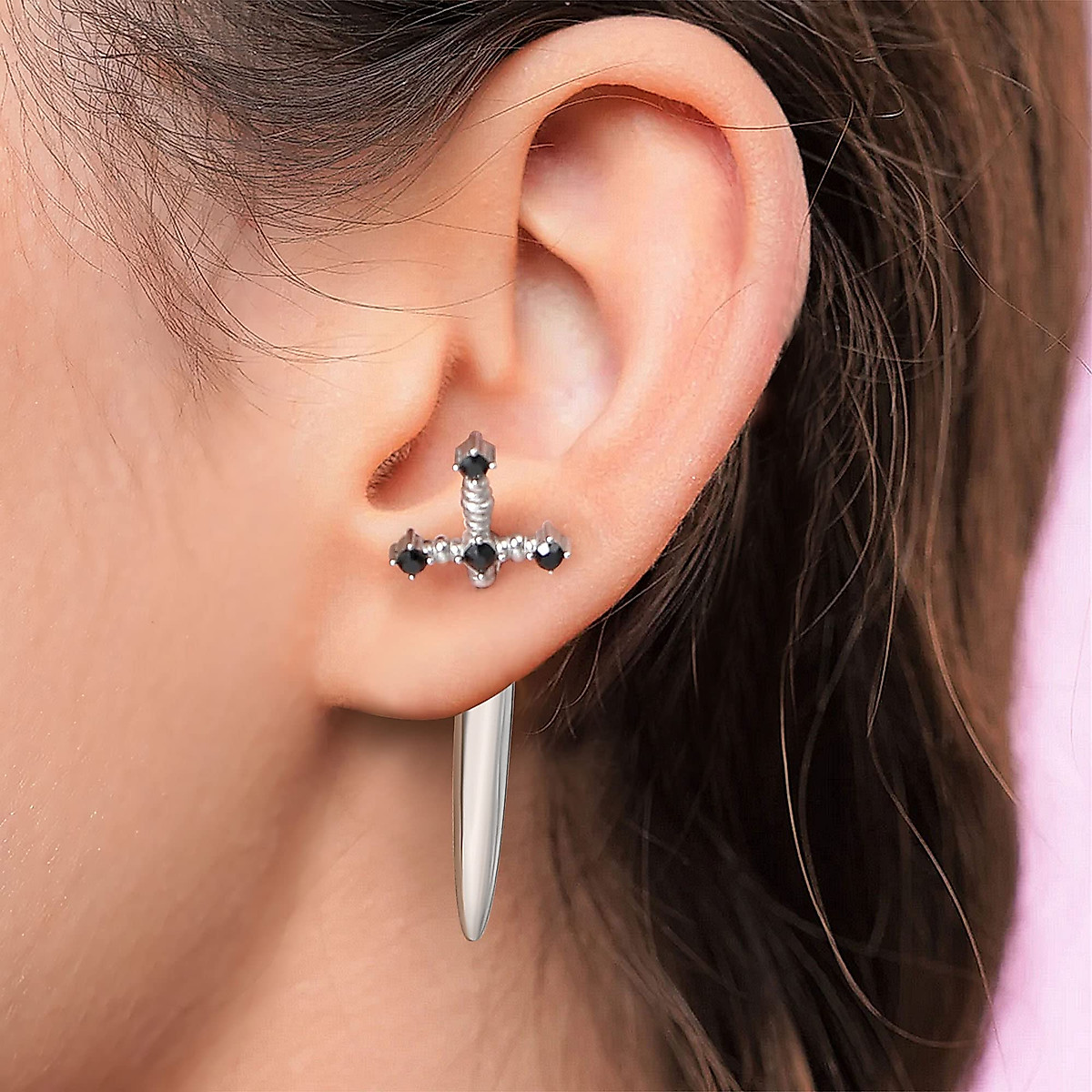 CHASELOV Gothic Earrings For Women, Sword Earrings, Goth Dagger Screw Back Earrings, Cool Mens Earrings, Fake Gauge Illusion Jewelry, Stainless Steel 18g Ear Jacket Earrings (Silver)