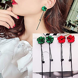 Trendy Red Green Poppy Flower Black Long Line Bar alloy Tassel Earrings for Women Charm Drop Dangle Earring Jewelry (Red)