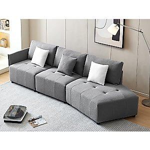 Eafurn 120" Teddy Fleece Curved Chaise Lounge,Free Combination Modular Sectional Set,3 Seater Button Tufted Comfy Sofa & Couches for Living Room Bedroom Apartment with 3 Pillows, Gray