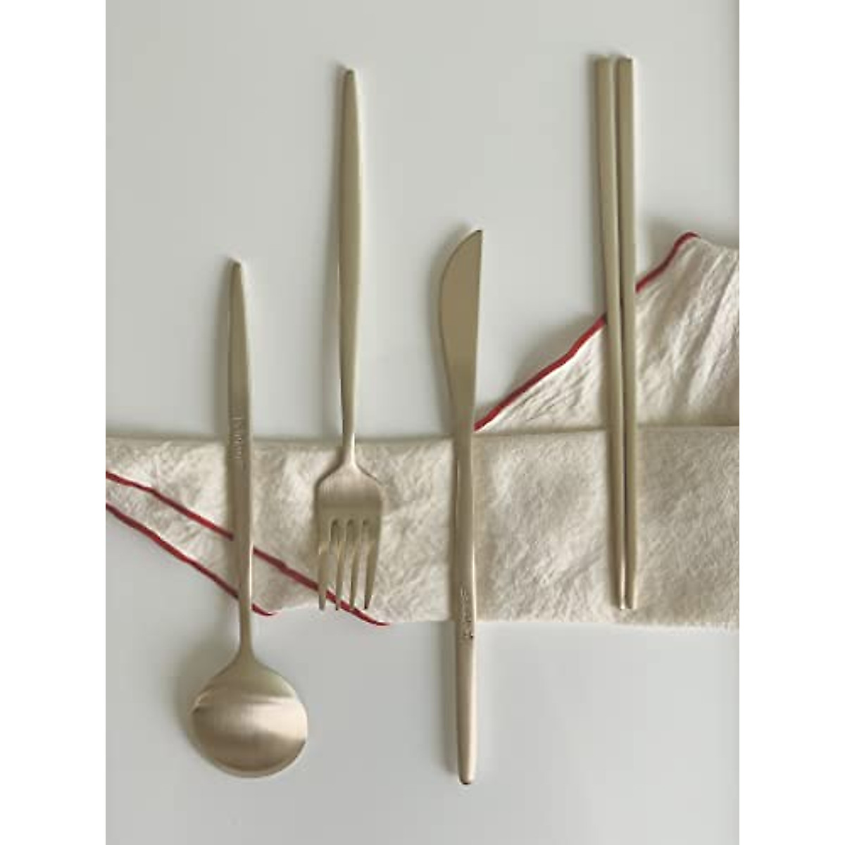 cozymomdeco Korean Made Traditional Premium Utensil Flatware Luminous Gold, Brass, 1SET, Fork, Knife, Spoon, Chopsticks with Furoshiki Wrapping