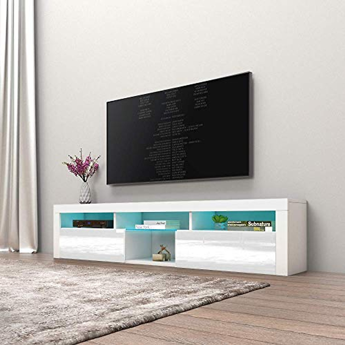MEBLE FURNITURE & RUGS Bari 200 Wall Mounted Floating 79" TV Stand with 16 Color LEDs White