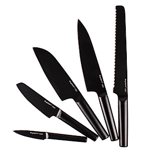 BergHOFF Ron 5Pc Non-stick Kitchen Knife And Wood Block Ergonomically Designed Handle Double-coated Titanium Sharp & Well Balanced Seamless Transition