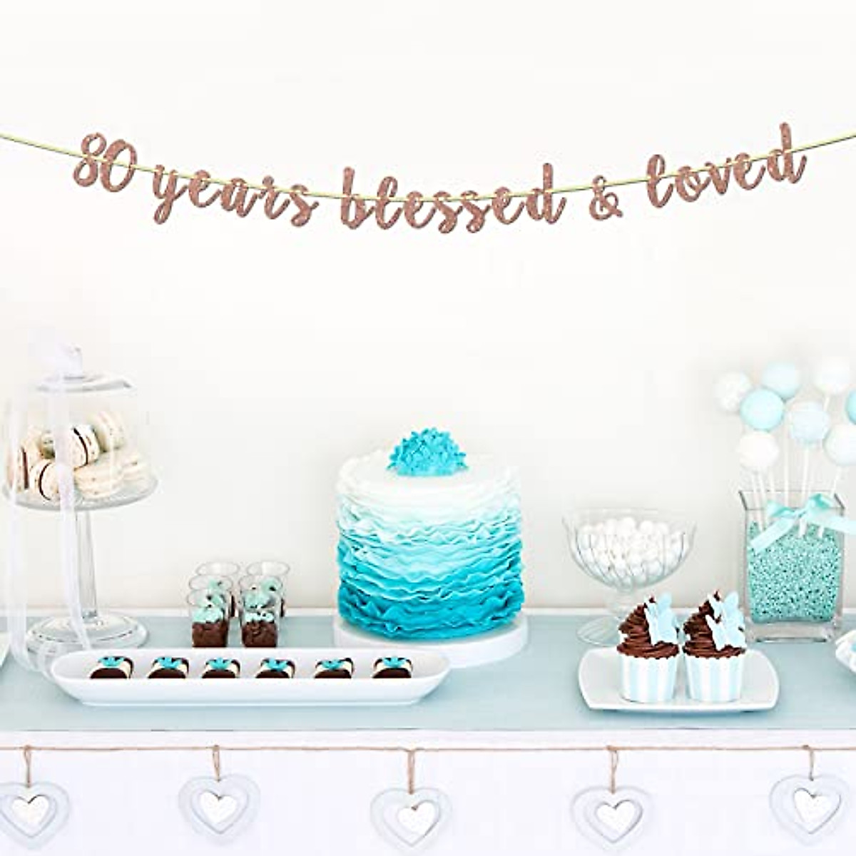 Aonbon Glitter 80 Years Blessed & Loved Banner - 80th Birthday / 80th Anniversary Banner, 80th Birthday / 80th Anniversary Party Decorations - Rose Gold (80)